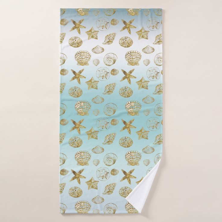 Beach Gold Sea Shells Aqua Blue Ombre Bath Towel | Zazzle