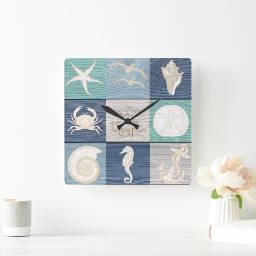 Beach Happy Place Blue Aqua Old Wood Sea Clock | Zazzle