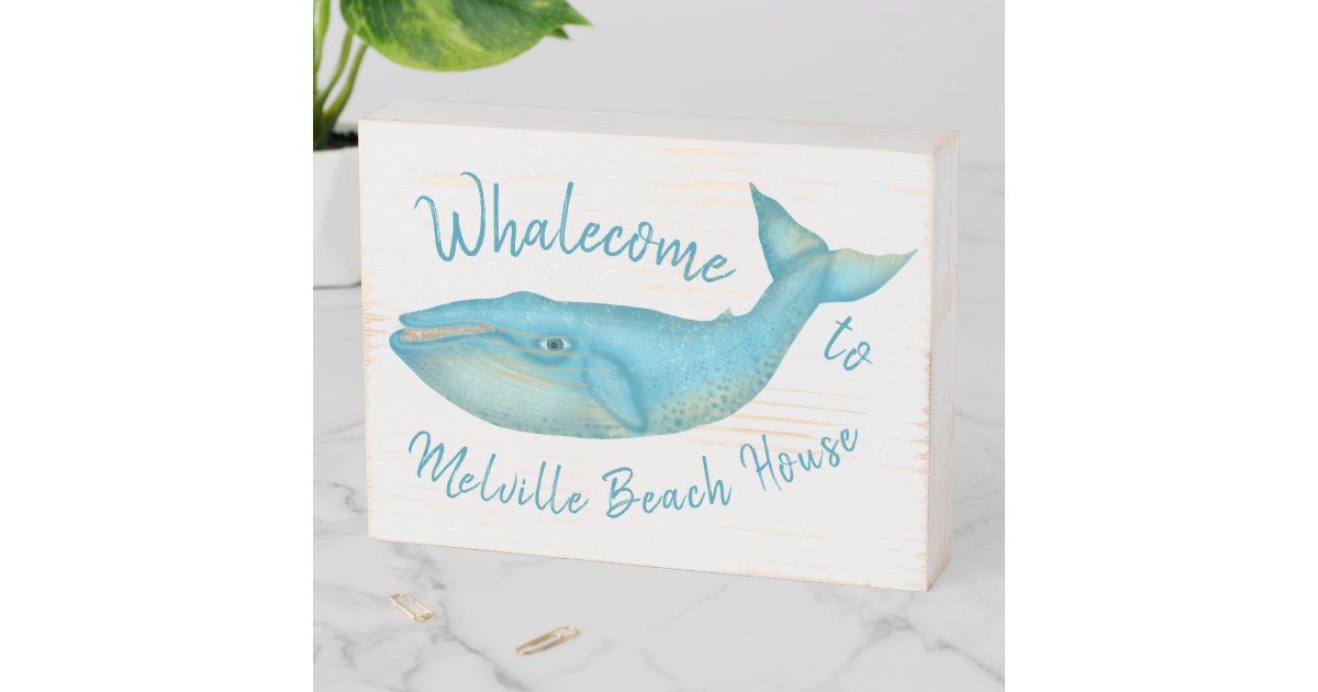 Beach House Blue Whale Nautical Whalecome Custom Wooden Box Sign | Zazzle