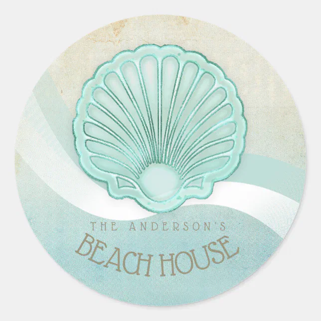 Beach House Clam Shell Aqua Blue ID623 Classic Round Sticker | Zazzle