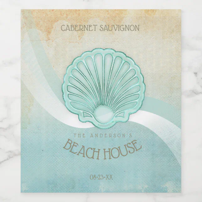 Beach House Clam Shell Aqua Blue ID623 Wine Label | Zazzle