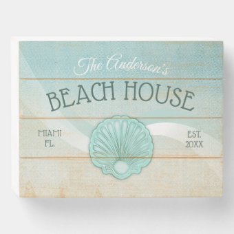 Beach House Clam Shell Aqua Blue ID623 Wooden Box Sign | Zazzle