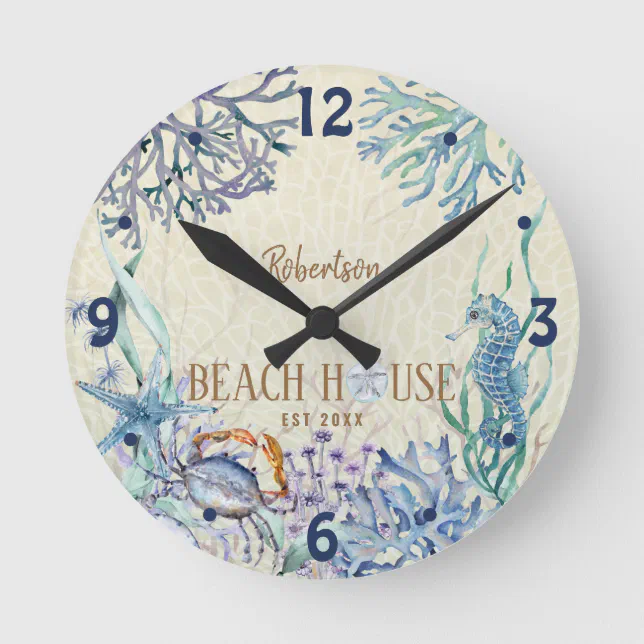 Beach House Coastal Ocean Personalized Round Clock | Zazzle