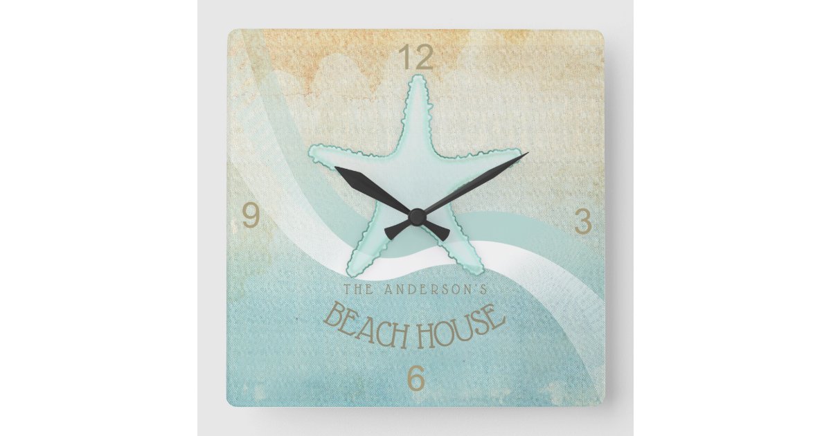 Beach House Nautical Starfish Aqua Blue ID623 Square Wall Clock | Zazzle