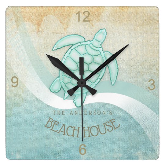 Beach House Nautical Turtle Aqua Blue ID623 Square Wall Clock | Zazzle.com