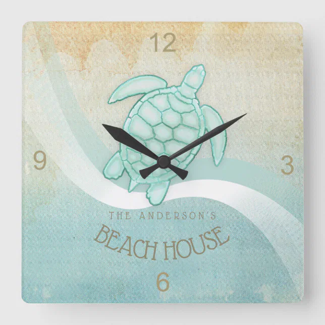 Beach House Nautical Turtle Aqua Blue ID623 Square Wall Clock | Zazzle