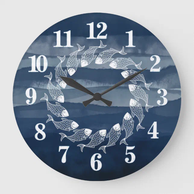 Beach House Navy Blue Fish Ocean Large Clock | Zazzle