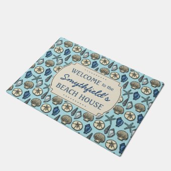 Beach House Personalized Sea Shells Blue Nautical Doormat | Zazzle