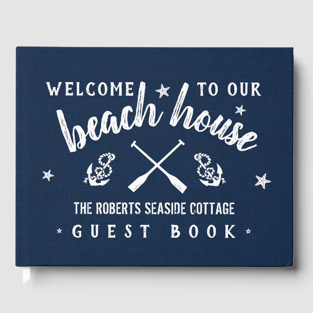 Beach House Personalized Vacation Rental Navy Blue Guest Book | Zazzle