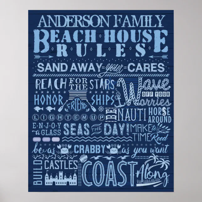Beach House Rules Navy Blue Coastal Custom Family Poster | Zazzle