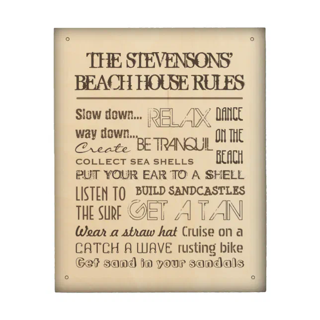 Beach House Rules Wooden Sign with your Name | Zazzle
