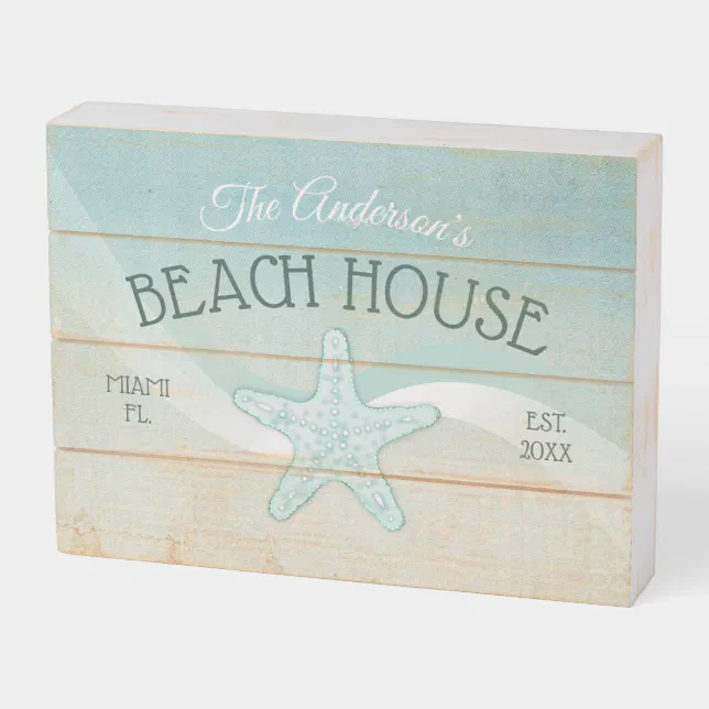 Beach House Starfish Aqua Blue ID623 Wooden Box Sign | Zazzle