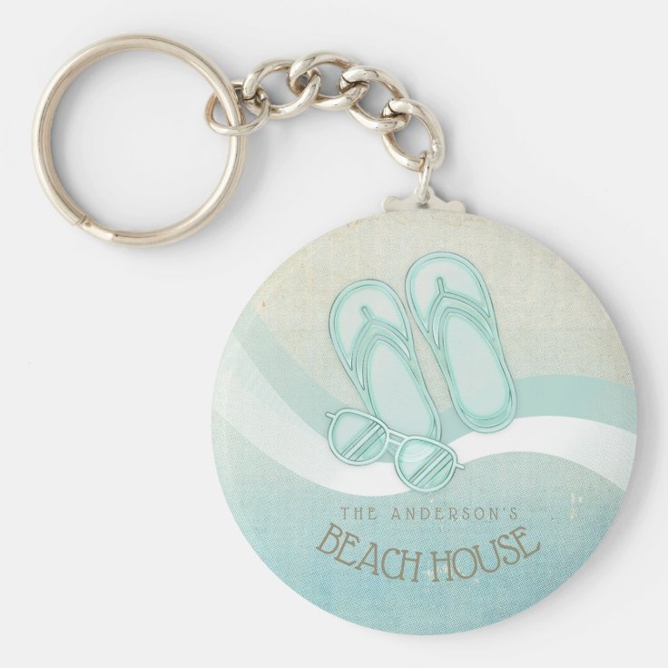 Beach House Sunglasses and Flip Flops Aqua ID623 Keychain | Zazzle