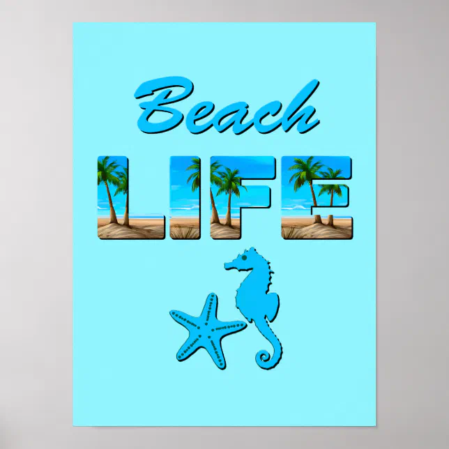 Beach Life Word Art with Sand and Palm Trees Poster | Zazzle