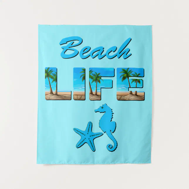 Beach Life Word Art with Sand and Palm Trees Tapestry | Zazzle