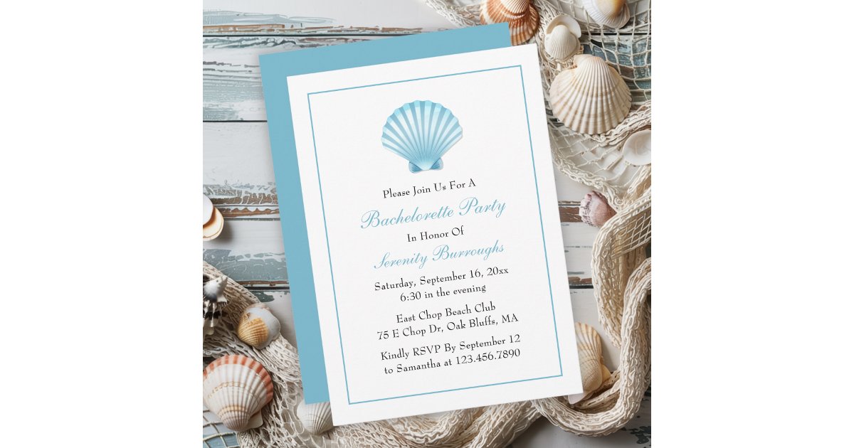 Beach Nautical Blue Shell Bachelorette Party Invitation | Zazzle