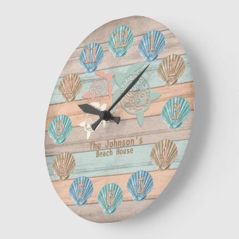 Beach Nautical Wood with Turtles & Shells Large Clock | Zazzle