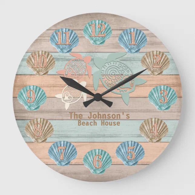 Beach Nautical Wood with Turtles & Shells Large Clock | Zazzle