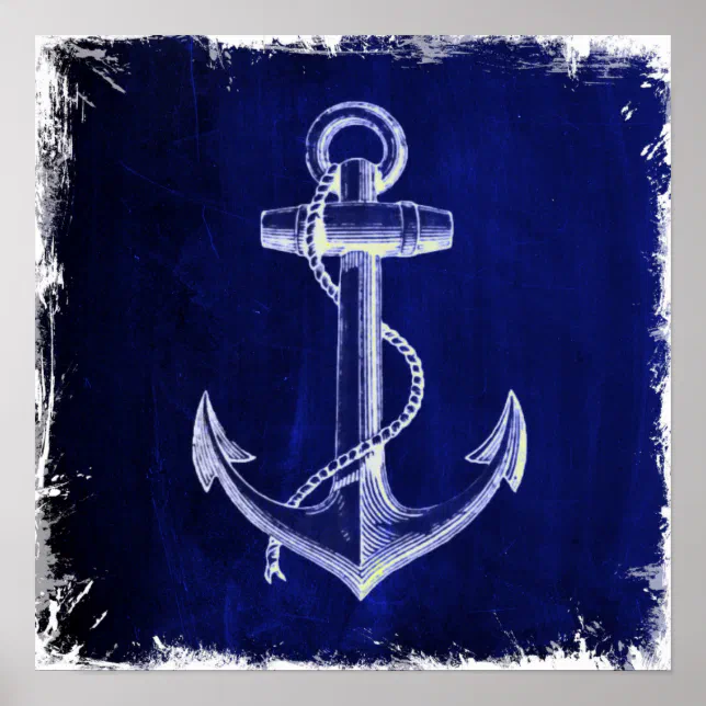 beach navy blue coastal chic nautical anchor poster | Zazzle