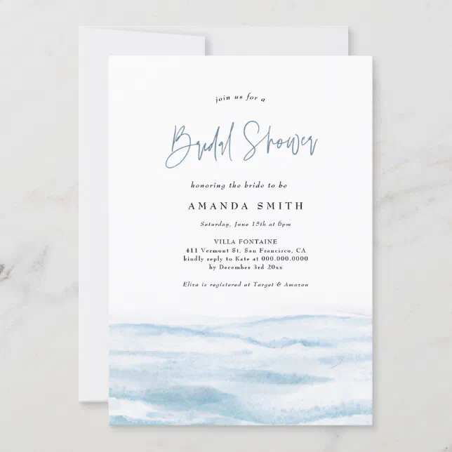 Beach Ocean Coastal Dusty Blue Bridal Shower Invit Invitation | Zazzle