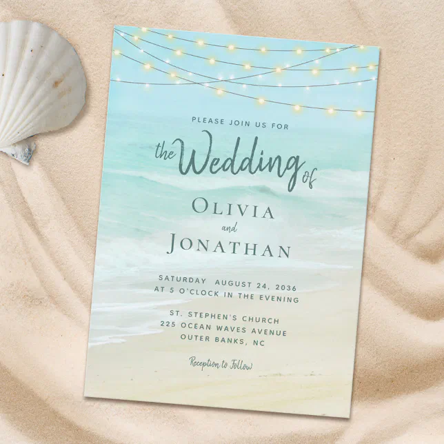 Beach Ocean String Lights Wedding Invitation | Zazzle