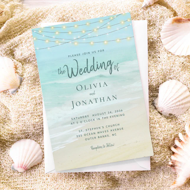 Beach Ocean String Lights Wedding Invitation | Zazzle