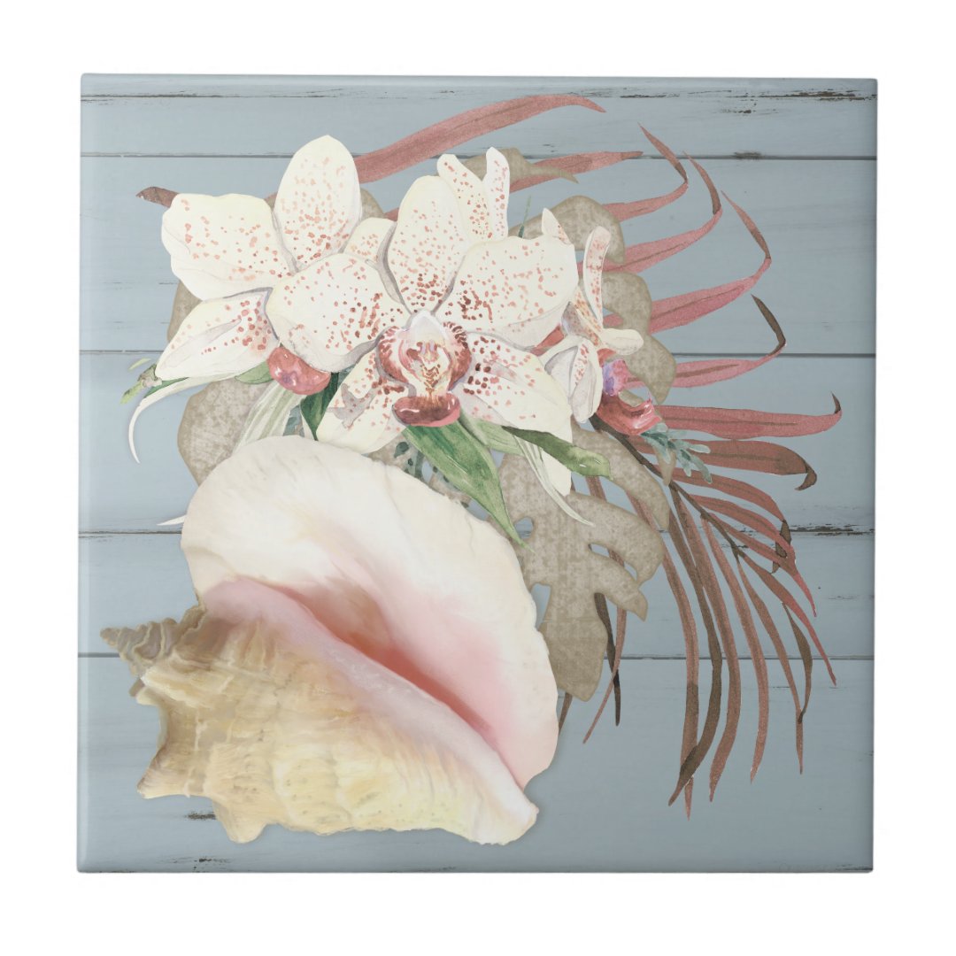 Beach Orchid Floral Conch Seashell Dusty Blue Wood Ceramic Tile | Zazzle