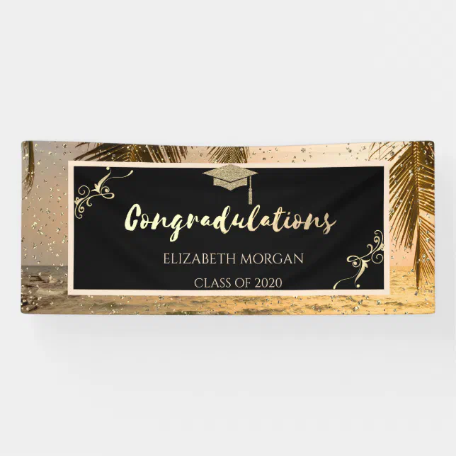Beach Palm Glitter Graduate Cap, Confetti Banner | Zazzle