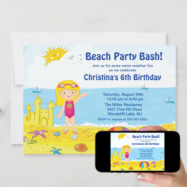 Beach Party Girl Swimming Birthday Invitation | Zazzle