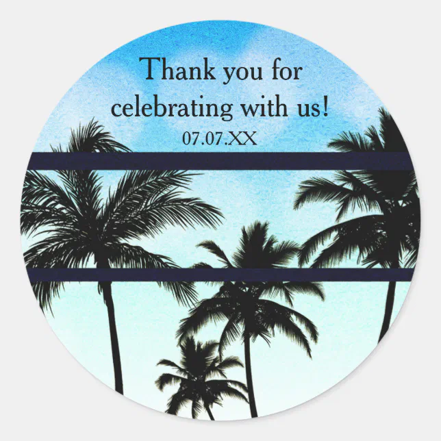 Beach Party Palm Trees Tropical Blue Party Favor Classic Round Sticker ...