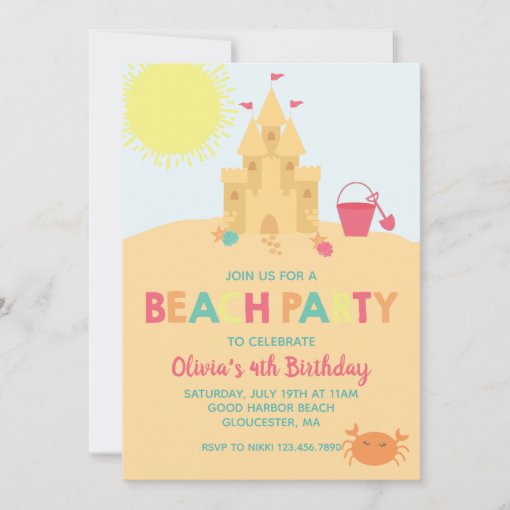 Beach Party Summer Sand castle Birthday Invitation | Zazzle