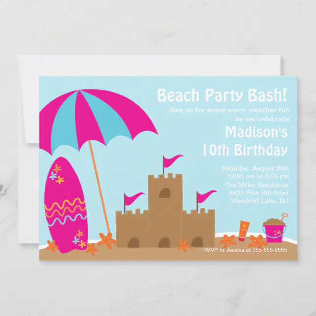 Beach Party Surfboard Swimming Birthday Invitation | Zazzle