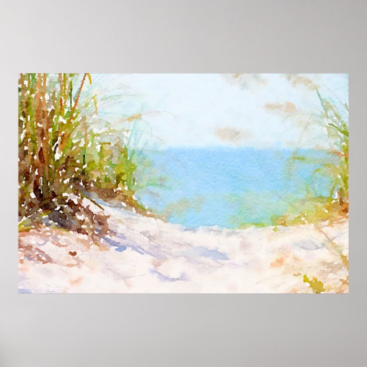 Beach Path Ocean Grass Watercolor Poster | Zazzle