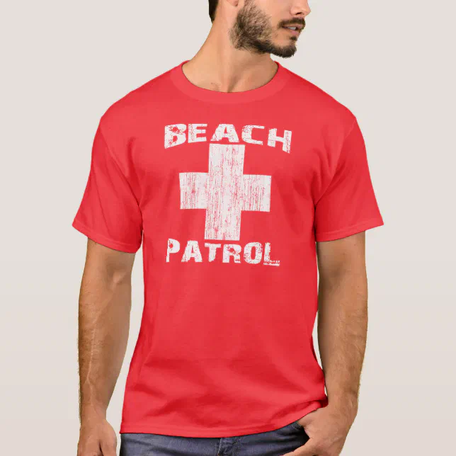 BEACH PATROL Distressed White Logo Lifeguard T-Shirt | Zazzle