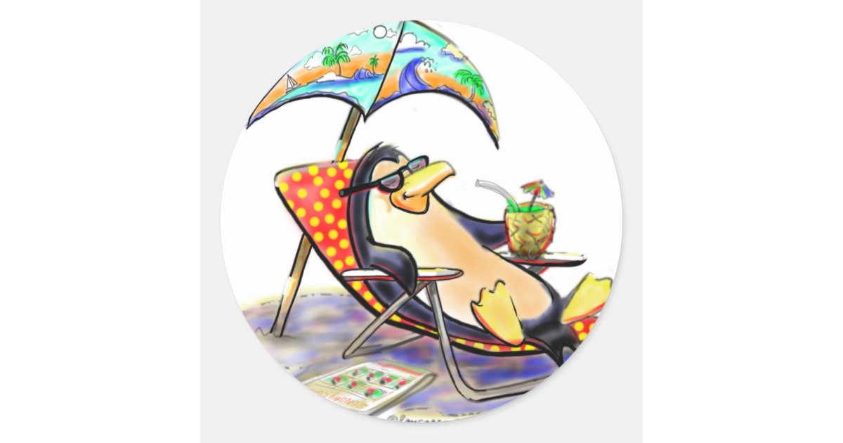 beach penguin classic round sticker | Zazzle
