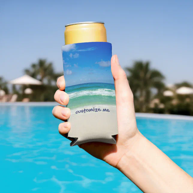 Beach Photography Blue Sky Ocean Waves Custom Seltzer Can Cooler | Zazzle