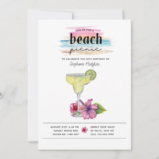 Beach Picnic Sundowner Margarita Hibiscus Birthday Invitation | Zazzle