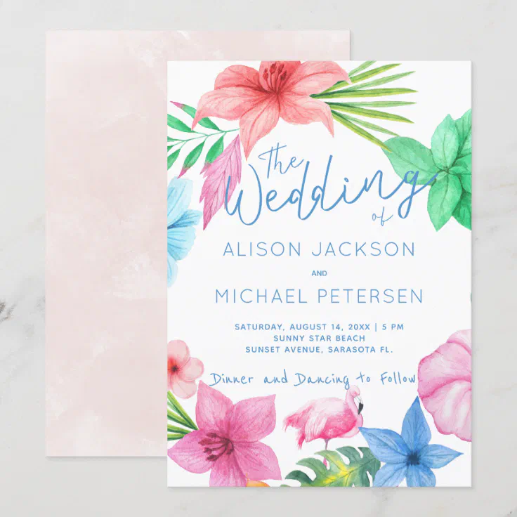 Beach pink blue tropical floral wreath wedding invitation | Zazzle