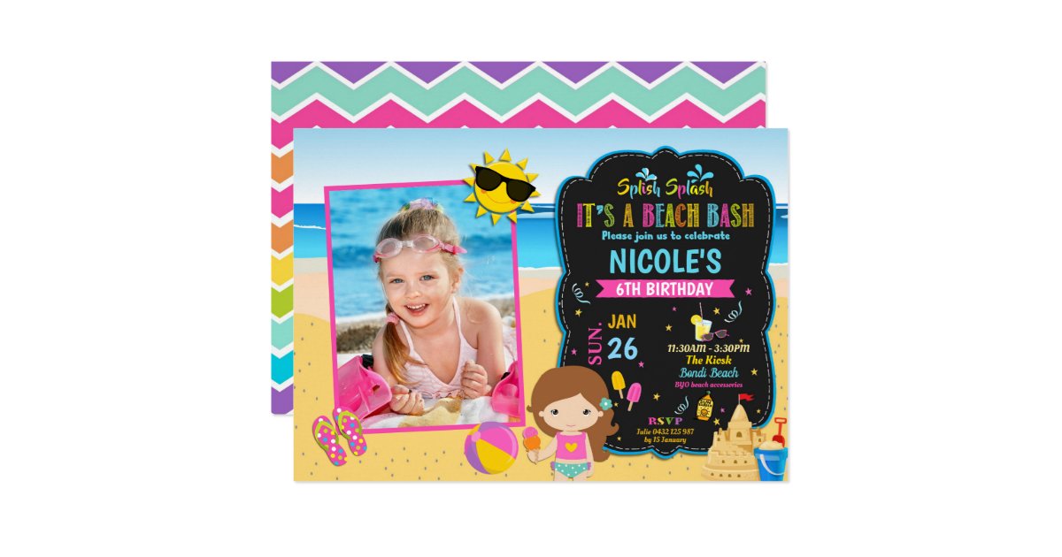 Beach Pool Birthday Party Girl with Photo Invitation | Zazzle.com