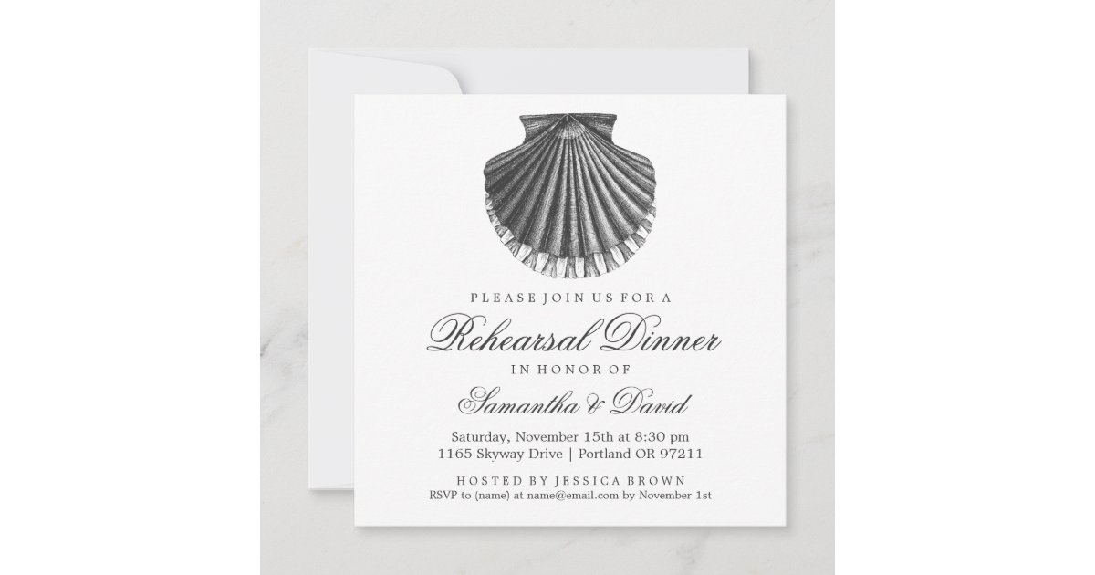 Beach Rehearsal Dinner Scallop Shell Black Invitation | Zazzle