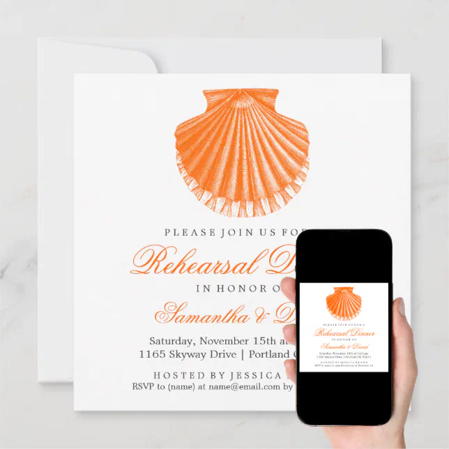Beach Rehearsal Dinner Scallop Shell Orange Invitation | Zazzle