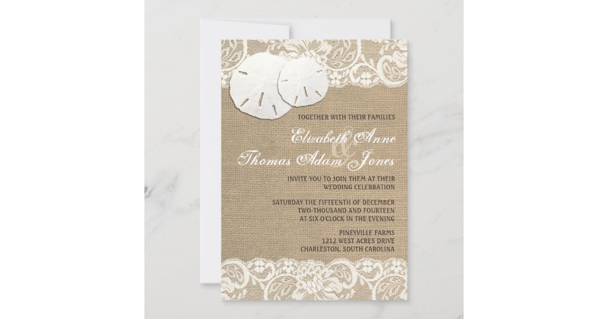 Beach Rustic Warm Burlap Lace Wedding Invitation | Zazzle