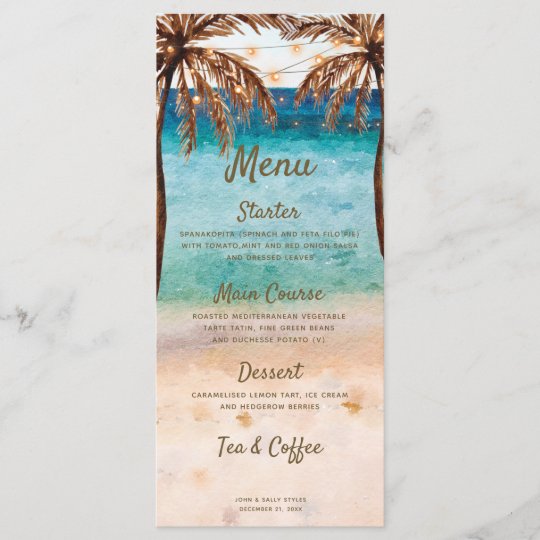 Beach scene tropical wedding party menu | Zazzle.com