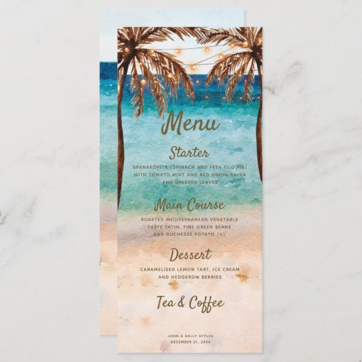 Beach scene tropical wedding party menu | Zazzle