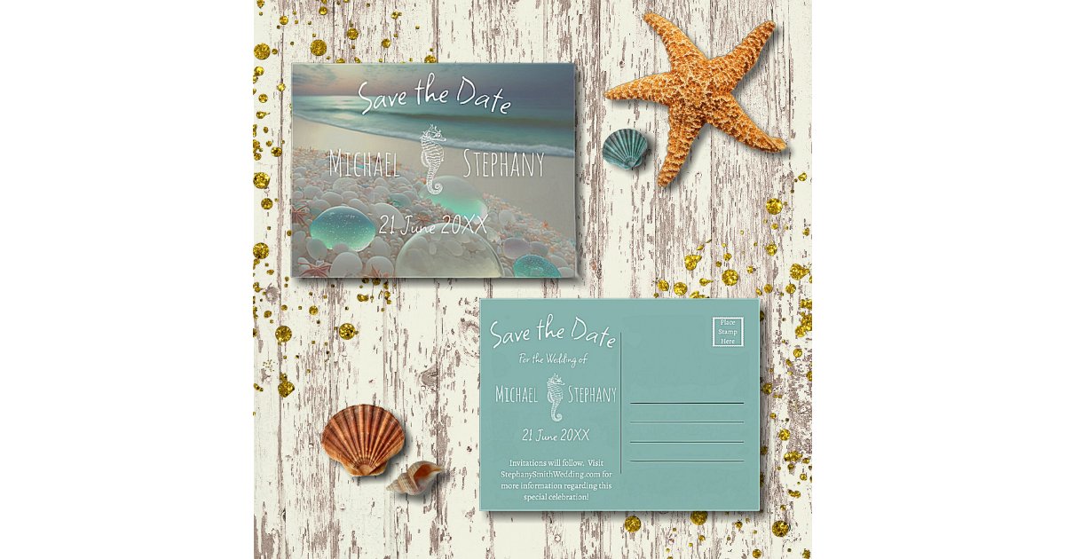 Beach Sea Glass Seahorse Save the Date Invitation Postcard | Zazzle