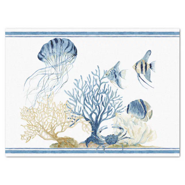 Beach Sea Life Coral Crab Jelly Fish Blue n White Tissue Paper | Zazzle