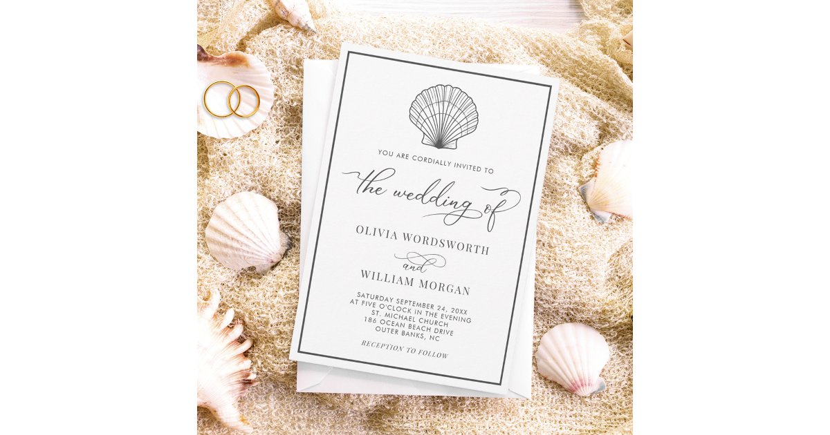 Beach Seashell Elegant Dark Gray Wedding Invitation | Zazzle