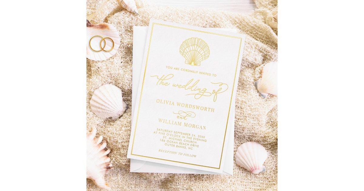 Beach Seashell Elegant Wedding Foil Invitation | Zazzle