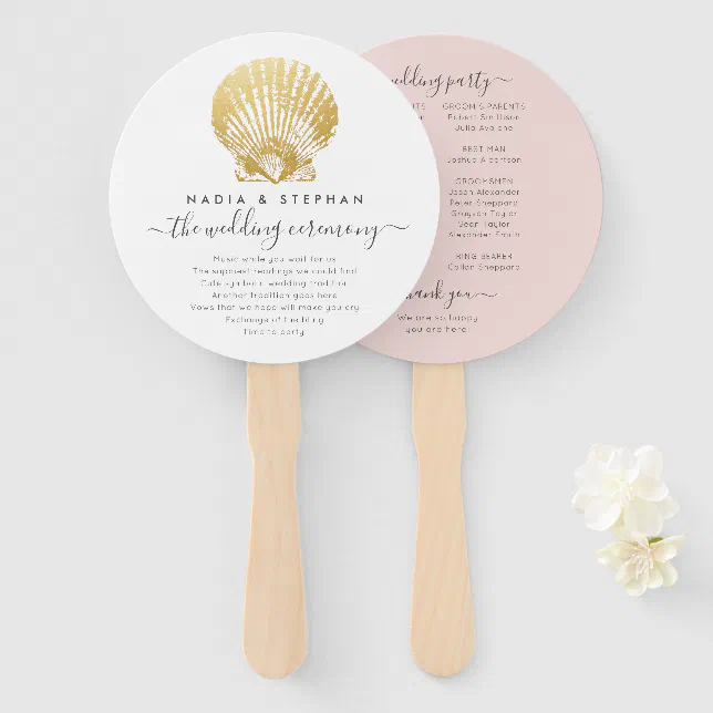 Beach Seashell Gold + Pink Wedding Program Fan | Zazzle