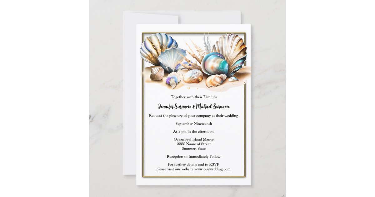 Beach seashells iridescent elegant nautical theme invitation | Zazzle